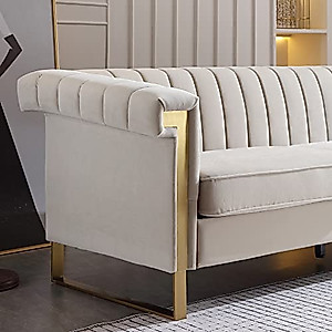 SLEERWAY Beige Velvet Couch Sofa, 84 Wide Mid-Century Modern Love Seat Tufted Chesterfield Velvet Sofa Loveseat Futon with Curved Arm Gold Leg, 3 Seat Large Comfy Couches Sofas for Livingroom (Beige)