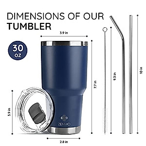 ZENMO Insulated Cup with Straw Lid and Cleaning Brush 30 oz Stainless Steel Double Wall Insulated Travel Mug Reusable Hot and Cold Tumbler Flask for Iced Coffee & Water Meta Thermo Canteen (Dark Blue)
