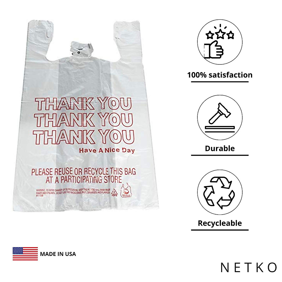 Netko Thank You Shopping Bags - Plastic Grocery Reusable White Bags | T-shirt Bags | Heavy Duty Gift Carrier Market Bags in Bulk 50 Pack