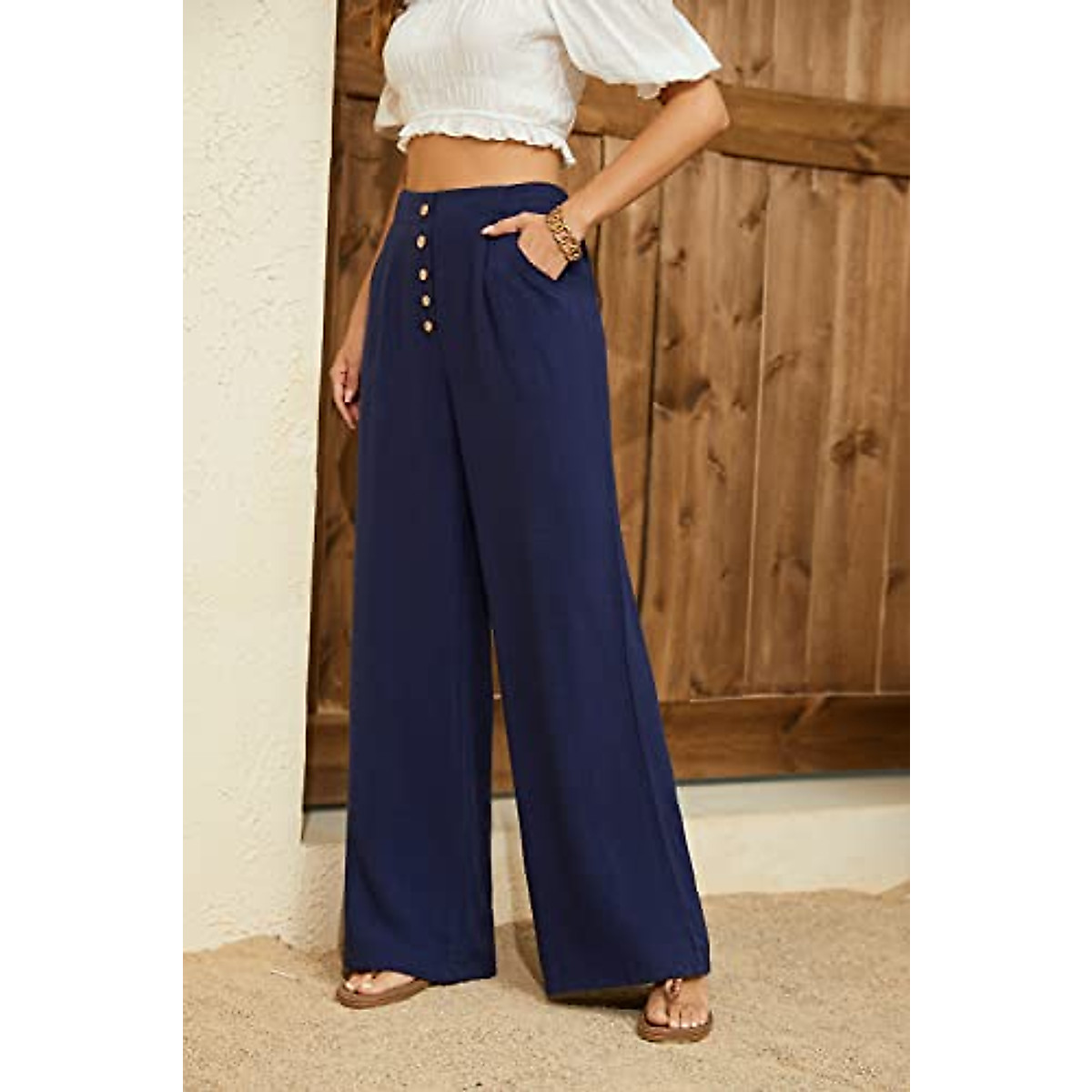 SVALIY Women Flowy Pants Cotton Linen Wide Leg Palazzo Pants Long Lounge Slacks High Waist Button Trousers Pocket Navy M