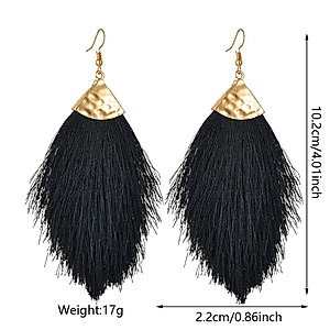 Fashion Bohemian Silky Thread Fan Fringe Tassel Statement Earrings - Lightweight Strand Feather Shape Dangles Earring 4 pcs (Black+White+Beige+Dark red)