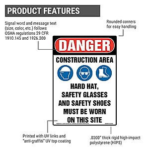 Danger: Construction Area, PPE Must Be Worn Sign - J. J. Keller & Associates - 10" x 14" Plastic with Rounded Corners for Indoor Use - Complies with OSHA 29 CFR 1910.145 and 1926.200