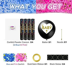 Gender Reveal Powder Confetti Cannon & Confetti Balloon, 100% Biodegradable Gender Reveal Party Cannon Balloon Supplies, Boy or Girl Baby Shower Gender reveal Ideas(2 Pink, 2 Blue and 36'' Balloon)