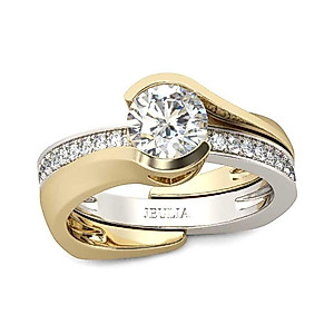 Jeulia 2.5 Carat Asymmetric Rings Women Round Cut Diamond Ring Set 14k Gold Plated Cubic Zirconia Engagement Rings Anniversary Promise Romantic Jewelry Gift (6)