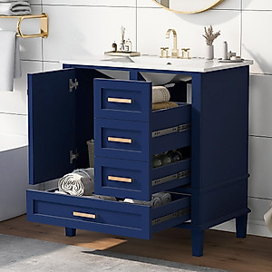 LostCat 30-inch Navy Bathroom Vanity with Sink - Solid Wood,Bathroom Vanity Cabinet with 2 Drawers + 1 Tip-Out Drawer,Soft Close Doors,Easy Assembly