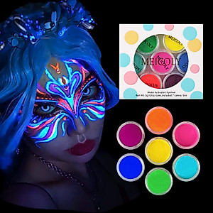 MEICOLY Water Activated Eyeliner, UV Reactive Hydra Eyeliner,7 Cakes Graphic Eye Liner for Adult and Kids, Glow Blacklight Fluorescent Face Body Paint Blue Green Witch Makeup,Neon Eyeliner