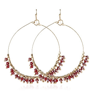 Bohemian Bead Fringe Dangle Chandelier Statement Earrings - Lightweight Coin Charm Tassel Banjara Kuchi Gypsy Filigree Hoop (Boho Bead Hoops - Burgundy)