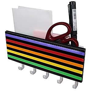 Colorful Horizontal Lines Striped Pattern with Black Background Mail Holder Organizer and Key Hooks PU Front, Self Adhesive Key Rack with 5 Hooks Perfect for Entryway, Hallway，Bathroom ，Kitchen