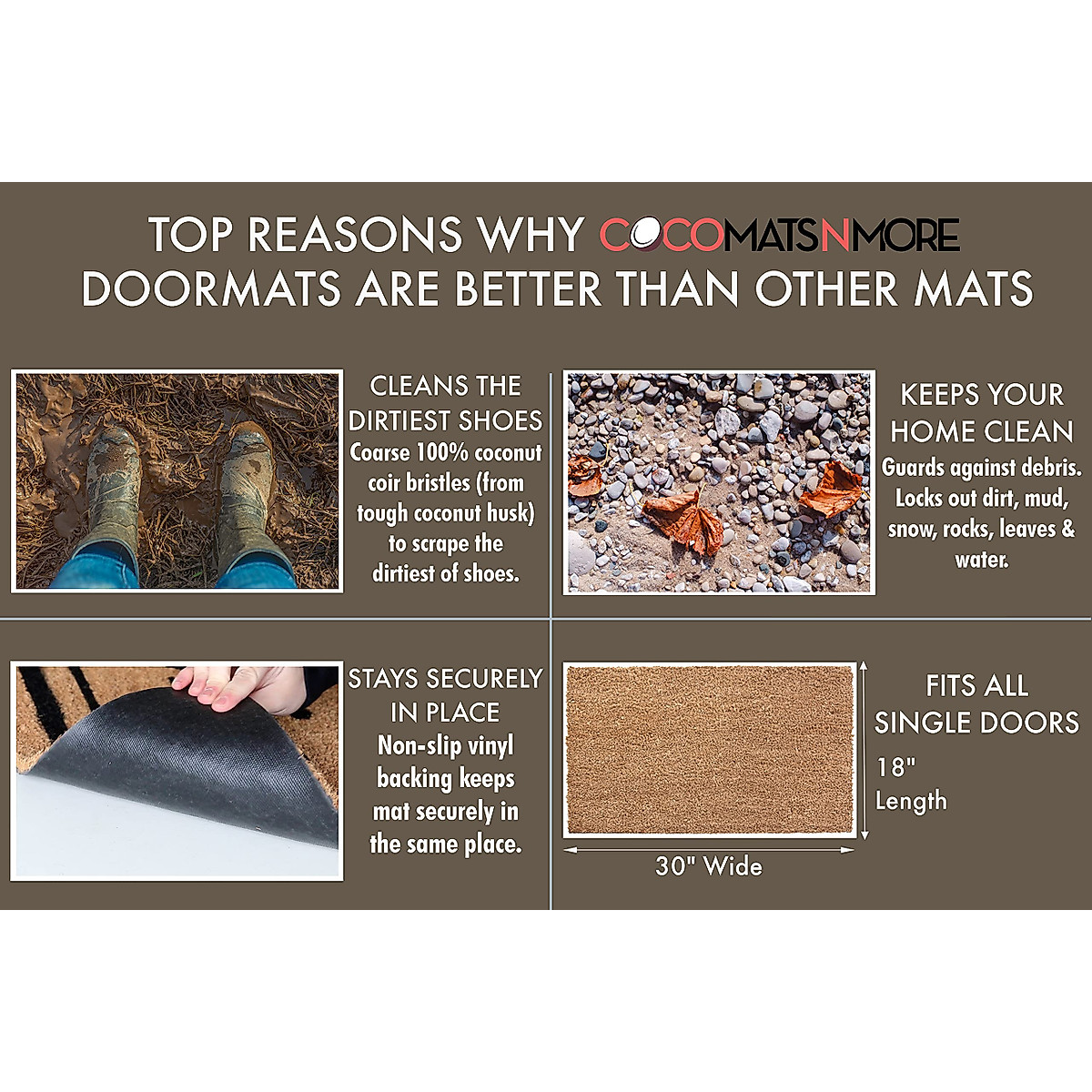 COCO MATS 'N MORE Brown Rolling Scrolls Bordered Personalized Coco Doormat 18" x 30" with Vinyl Backing | Personalized Coir Front Door Mat | Tough Coir Husk Cleans Dirtiest Shoes