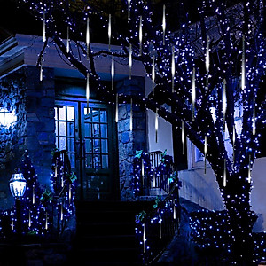 LED Christmas Lights, LED Meteor Shower Rain Lights White 8 Tubes 192 LEDs Waterproof Snow Falling Raindrop Icicle Garden Light for Christmas Tree Halloween Decoration Holiday Party Wedding (White)