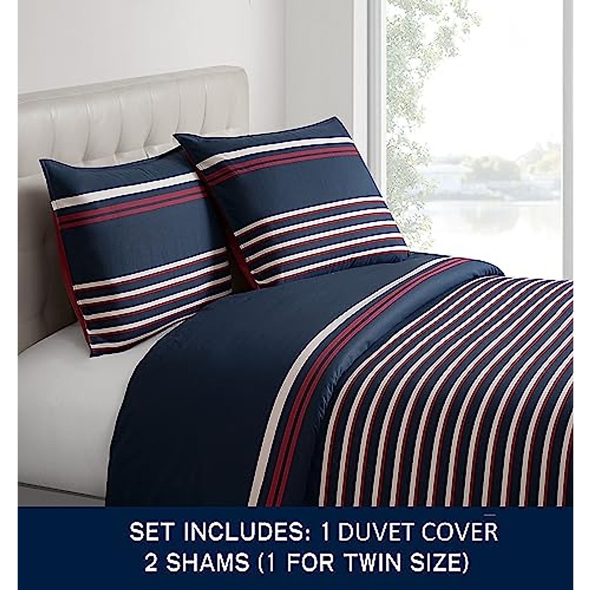 Nautica Duvet Cover Set Cotton Reversible Bedding with Matching Shams, Medium Weight for All Seasons, Queen, Mineola Red/White/Navy