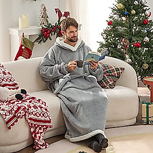 BEDSURE Ovesized Wearable Blanket Hoodie, Long Sherpa Fleece Blanket Sweatshirt as Gifts for Men, with Warm Big Hood for Christmas, Side Split and Belt, Grey, Standard