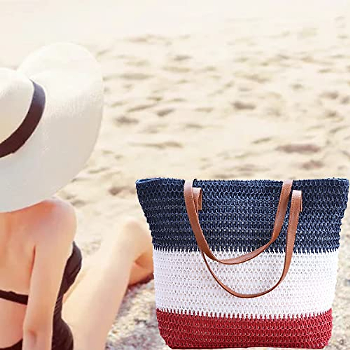 JNF Large Beach Bags for Women Crochet Beach bag Rattan Woven Tote Bag Travel Totes Bohemian Straw Beach Bags and Totes Towel Bag (Straw Beach bag 09)