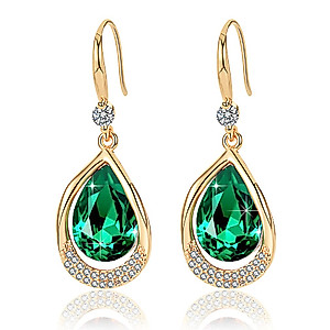 Austrian Crystal Halo Teardrop Hollow Drop Dangle Earrings for Women 14K Rose Gold Plated Hypoallergenic Jewelry (Emerald)