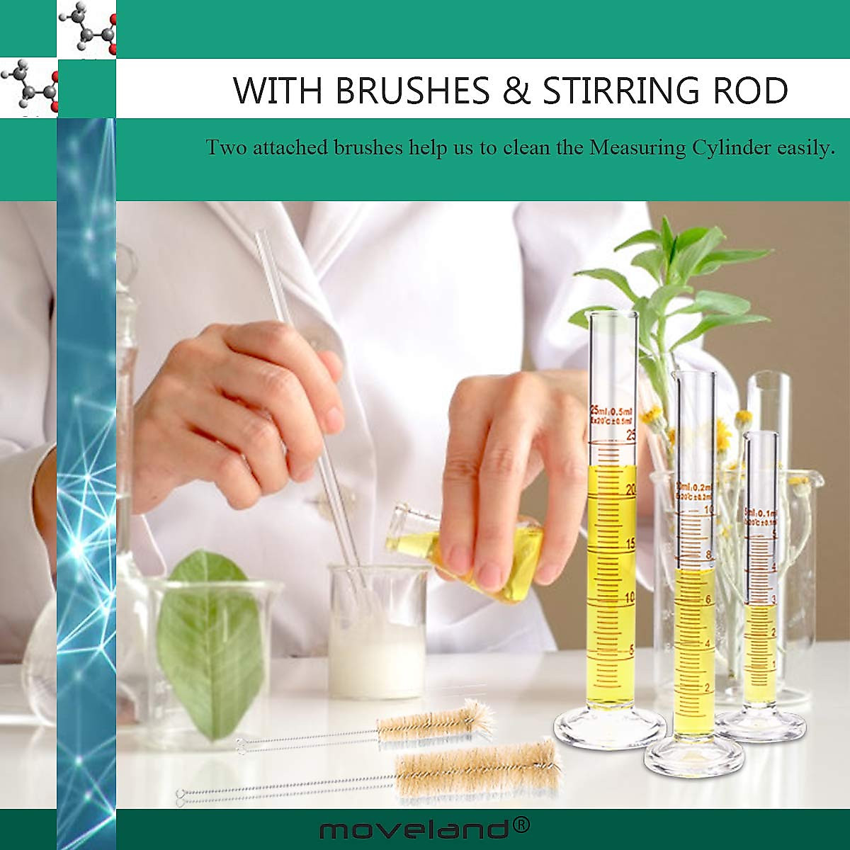 moveland Glass Graduated Measuring Cylinders Set - 5ml/10ml/25ml/50ml/100ml, Premium Borosilicate Cylinders Kit with 3 Pipettes + 2 Clear Brushes + 1 Stirring Rod