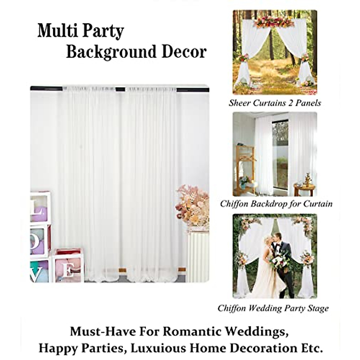 White Chiffon Backdrop Curtain-2 Panels 29"x120" Chiffon Wedding Backdrop Drapes Beach Curtains for Living Room Voile Window Curtain Photography Backdrop for Wedding Ceremony (29''x120''x2pcs, White)