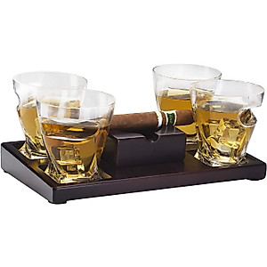 The Wine Savant Cigar Glasses Tray & Ash Tray, 4 Whiskey Cigar Glasses Slot to Hold Cigar, Whiskey Glass Gift Set, Cigar Rest, Accessory Set Gift for Dad, Men Home Office Decor Gifts, Man Cave