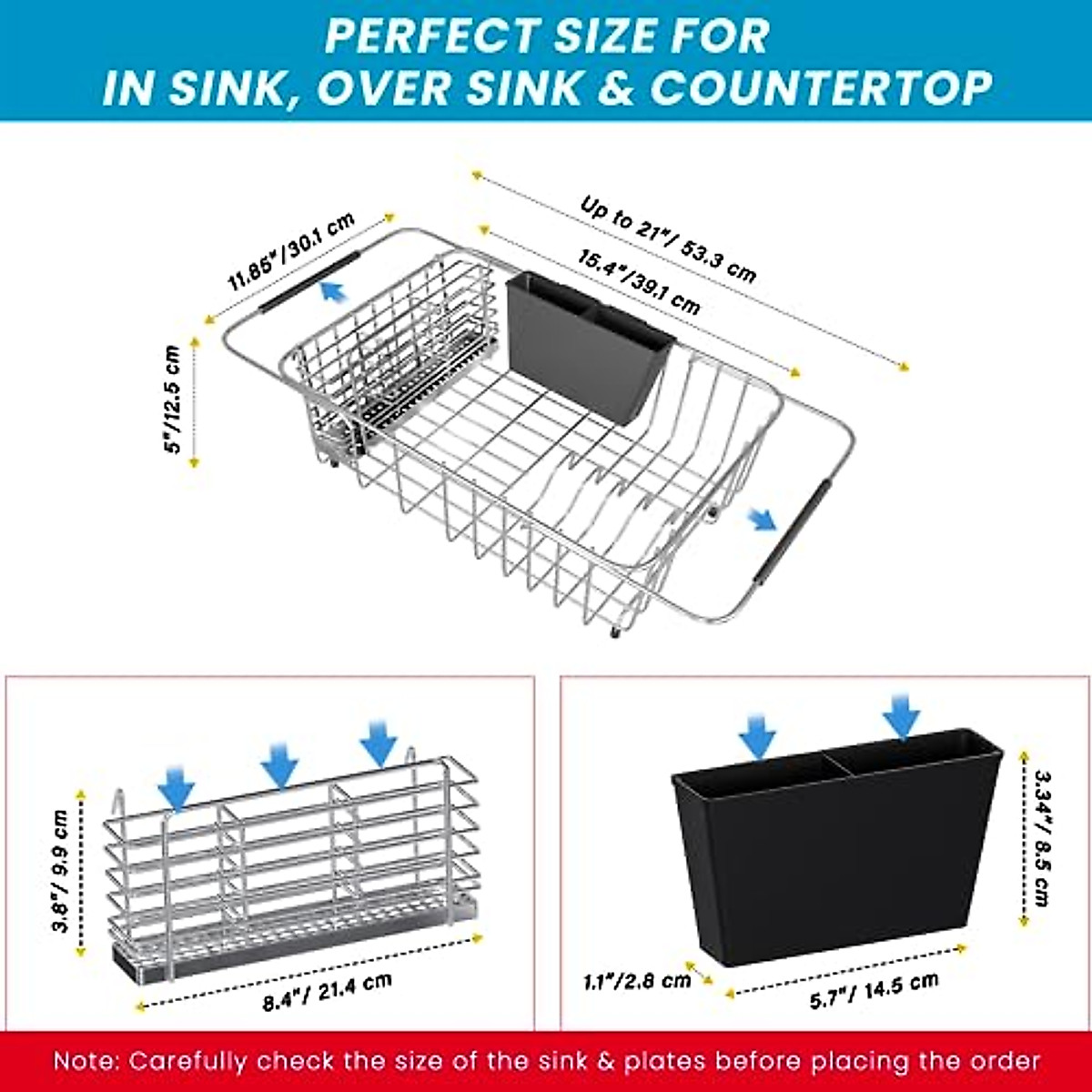 KESOL Over The Sink Drying Rack, Expandable Dish Rack with 2 Utensil Holders (1 Plastic & 1 Steel), 304 Stainless Steel Drying Rack for Kitchen Sink with Anti-Scratch Base, Rustproof Dish Drainer