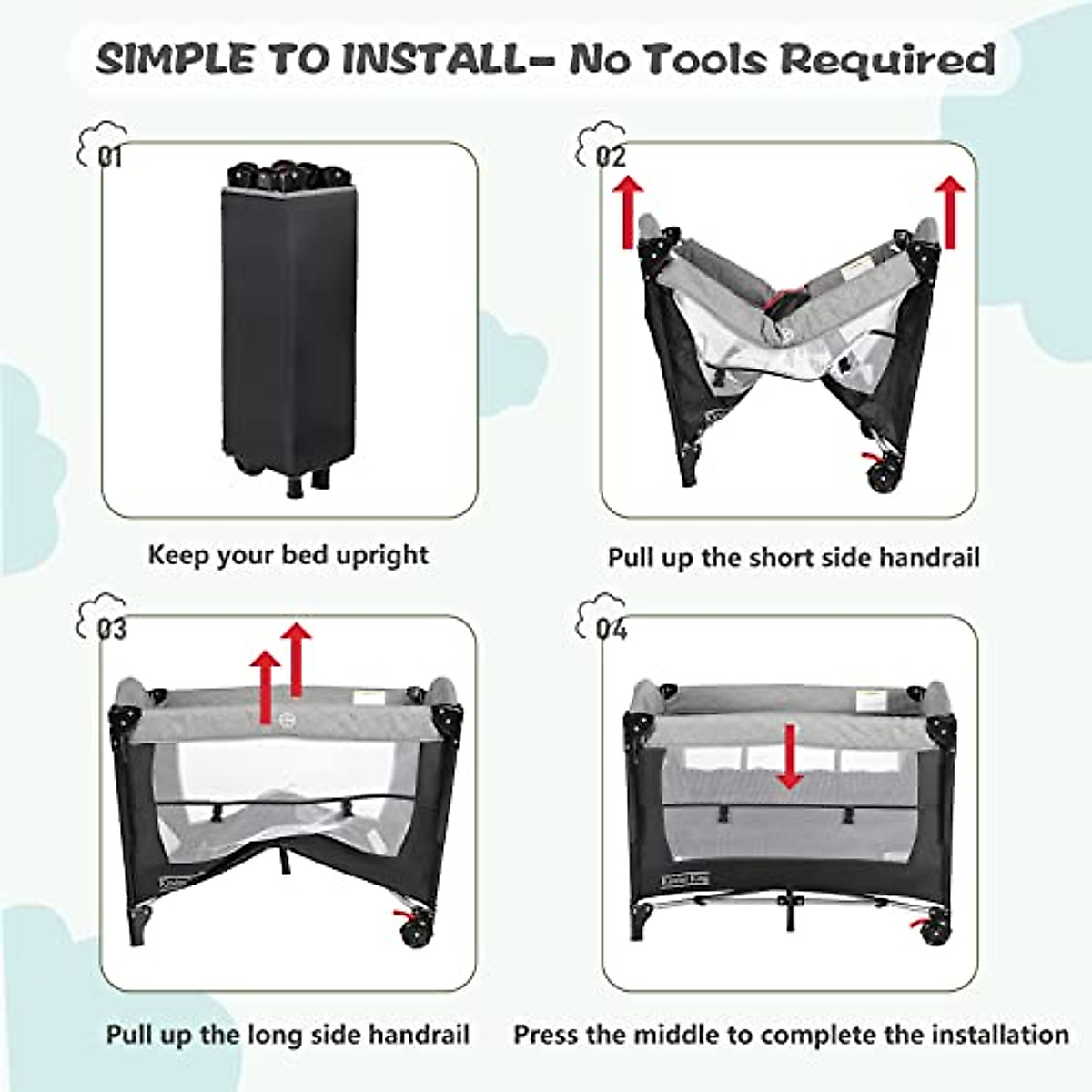 4 in 1 Portable Pack n Play, Baby Bedside Crib w/Bassinet, Folding Nursery Center Playard, Large Playpen for Infant and Toddler, Newborn Changing Table, Storage, Grey Basket, Side Zipper, Travel Bag