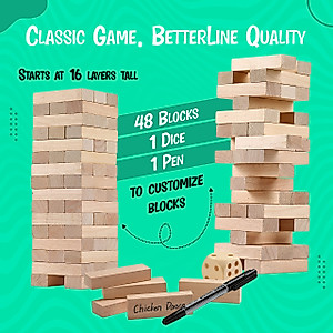 BETTERLINE Wooden Tower Stacking Blocks Game - 48 Pieces - Tumbling Tower Toy for Kids & Adults - Classic Family Game