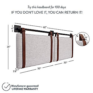 Nathan James Harlow Modern Wall Mount Hanging Upholstered Headboard, Queen, Gray with Brown Faux Leather Straps