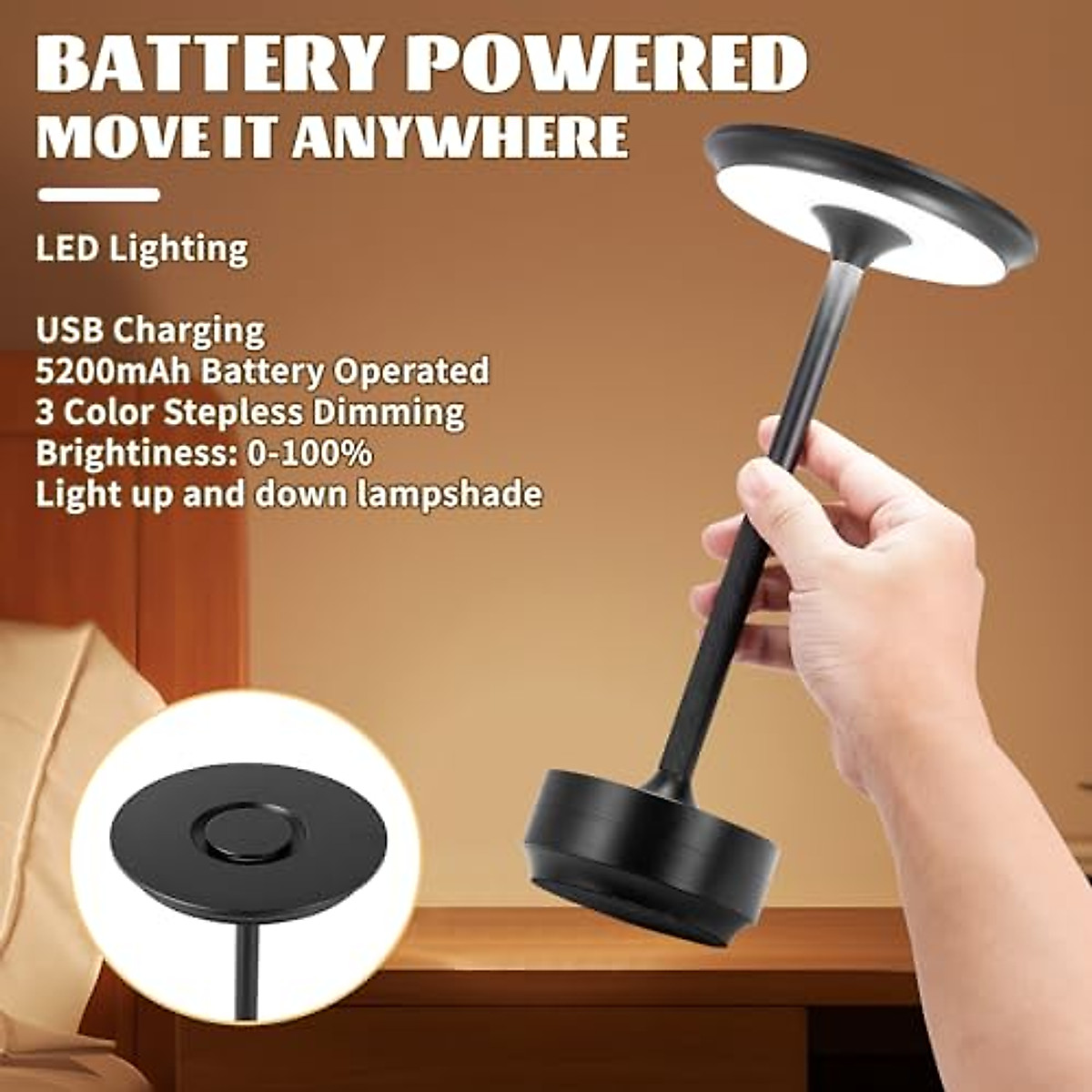 HAPYGI Rechargeable Cordless LED Table Lamps Touch Sensor Light, 3-Levels Portable Dimming Wireless Battery Operated Lamp，Nightstand Lamp/Night Light/Restaurant Table/Outdoor/Coffee/Bar (Black)…