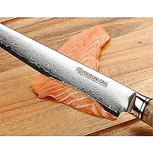 SUNLONG Fillet Knife Sashimi Sushi Carving Knife 10 Inch Japanese Knife - 67 layer Damascus Steel- Natural Burl Wood Handle - Walnut Wood Sheath - Flannel Knife Bag