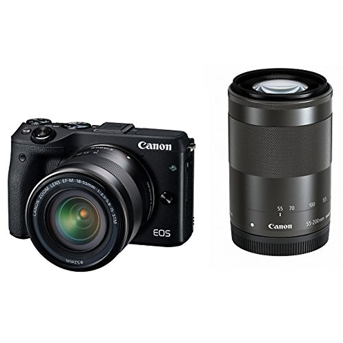 Canon EOS M3 Mirrorless Camera (Black) with EF-M 18-55mm IS STM and EF-M 55-200mm IS STM Lenses - International Version (No Warranty)