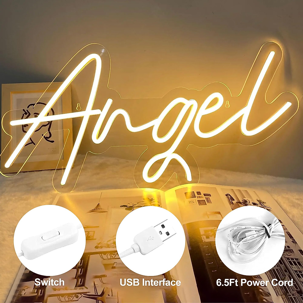 Angel Neon Sign Warm White, Large 23.6x10.6 inches Letter Angel Neon Light USB Powered Light Up Sign for Home, Bedroom Wall Deco, Birthday Wedding Engagement Party Decor, Graduation, Baby Shower Gifts