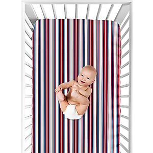 Sweet Jojo Designs Red, White and Blue Striped Baby or Toddler Fitted Crib Sheet for Baseball Patch Sports Collection