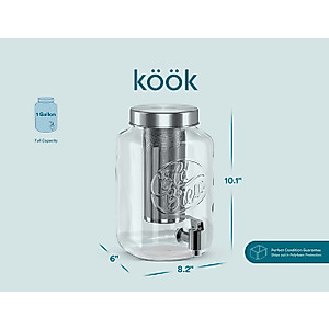 Kook 1 Gallon Mason Jar Drink Dispenser, Thick Glass Carafe, Stainless Steel Spigot and Mesh Filter, Premium Iced Coffee Maker, Cold Brew Pitcher & Tea Infuser