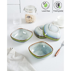 HENXFEN LEAD Ceramic Cereal Bowls, Square Serving Bowls 22 Oz for Side Dish, Appetizers, Salad - Oatmeal, Soup, Fruit Bowls Microwave Oven Safe, Set of 4 - Reactive Green