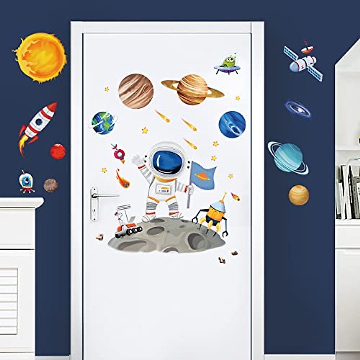 wondever Outer Space Astronaut Wall Stickers Planets Rocket Peel and Stick Wall Art Decals for Baby Nursery Kids Bedroom Playroom