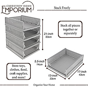 Creekview Home Emporium Stacking Drawer Organizer - 4pc Gray Plastic Stackable Drawers - Front Opening Storage Bins
