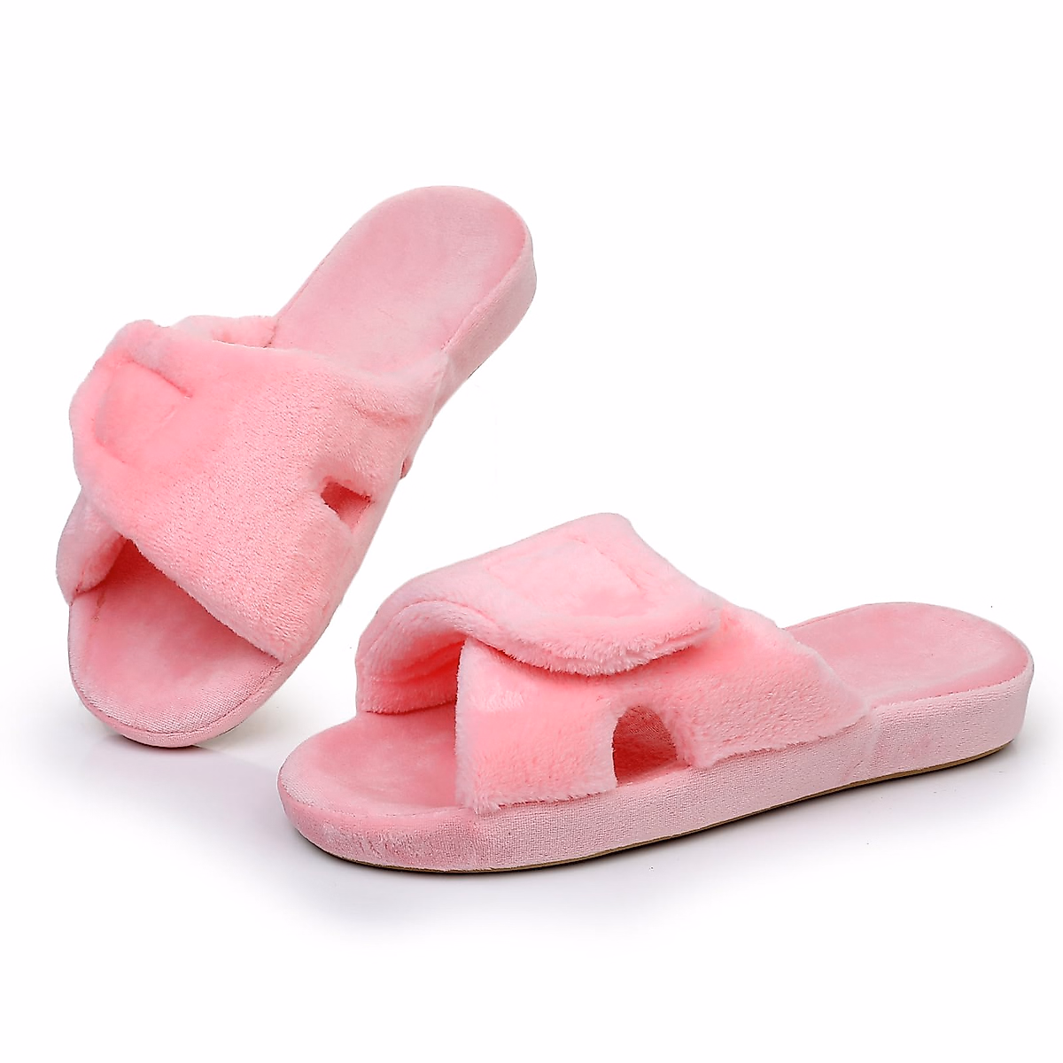 Women's Adjustable Diabetic Slippers Memory Foam House Shoes Cozy Arch Support Orthotic Heel Cup Arthritis Edema Slippers Non Slip Rubber Sole, Open Toe Fuzzy Slide Sandals for Ladies,Pink 8/9