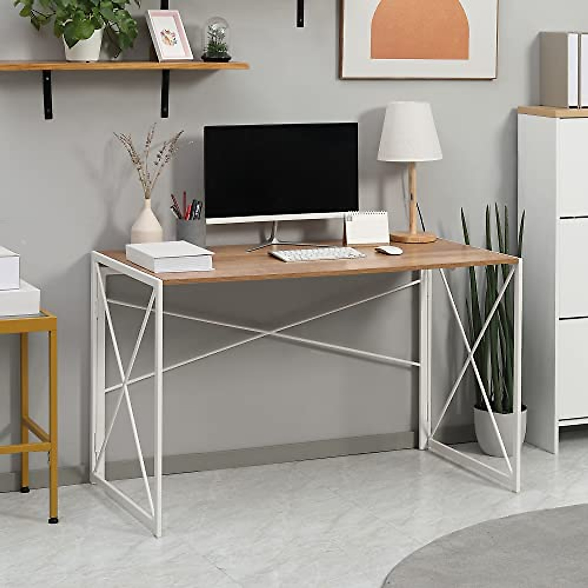 HOMCOM Folding Computer Desk, 47.25" Wide Home Office Writing Desk with Metal Frame, Natural