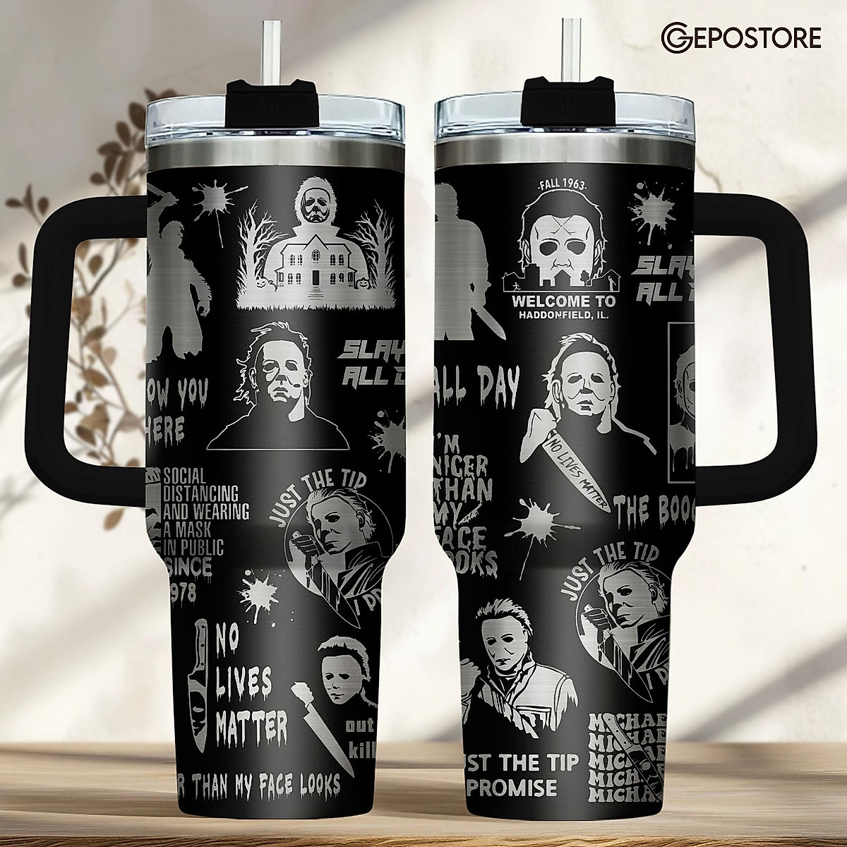 GEPOSTORE Movie Lover Gifts, Horror Movie 40 oz Laser Tumbler Handle and Straw, Horror Characters Tumblers Cup, Halloween Mug, Birthday Gifts for Movies Fans