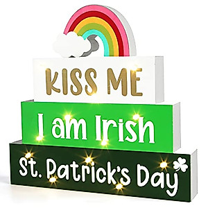 SURCVIO St Patricks Day Decorations Wooden Block Sign with Led Lights Light up Wood Sign Decor for Table Mantle Irish Themed Party Home Farmhouse Desk Decor Home Tabletop Tiered Tray Decor