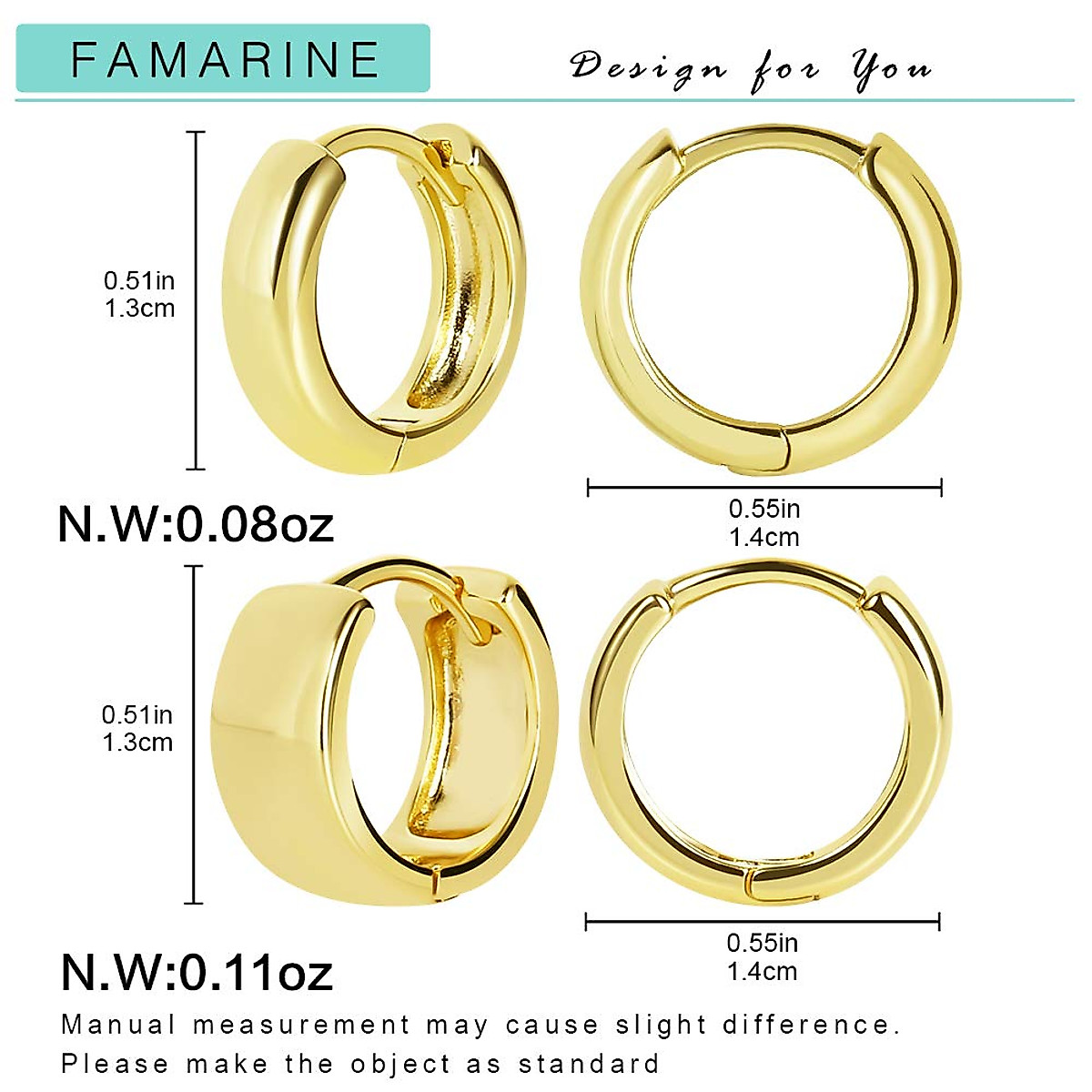 FAMARINE 2 Pairs 14K Gold Plated Hoop Huggie Earrings for Women, Minimalist Dainty Hoop Earrings