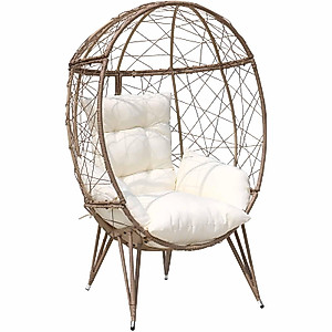 FKSLIFE Wicker Egg Chair with Stand Cushion Outdoor Indoor Lounger Egg Basket Chair for Living Room, Backyard, Balcony, Patio (Beige)