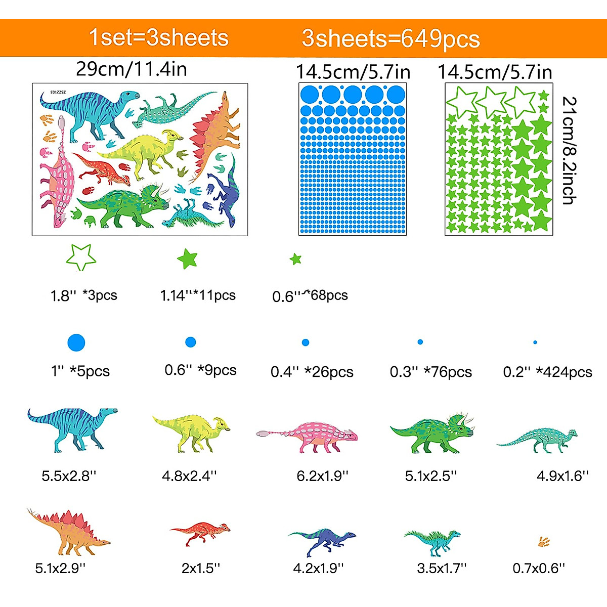 Glow in The Dark Dinosaur Wall Decals - 652Pcs Dinosaur Wall Stickers for Boys Room,Kids Wall Decor Stars for Baby Nursery Boys Bedroom Ceiling (Green Dinosaur)