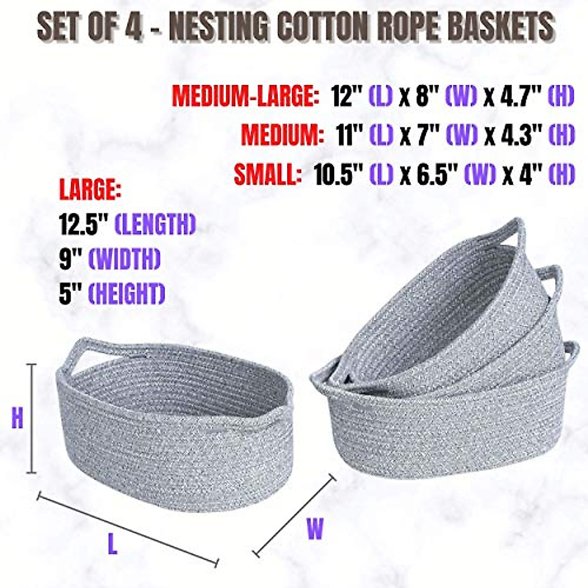 MINTWOOD Design Set of 4 Cotton Rope Nesting Baskets, Decorative Woven Nursery Baskets, Cute Closet Baskets and Bins for Shelves, Table Basket Organizers for Small Accessories, Light Grey Mix