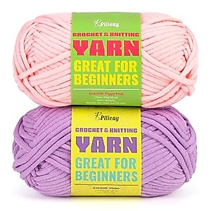 Pllieay 2x50g Packs Violet and Piggy Pink Yarn for Crocheting and Knitting - Worsted Medium #4 Cotton-Nylon Blend With Easy-to-See Stitches for Beginners