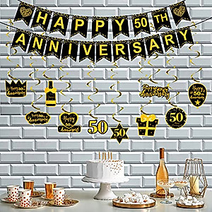 DARUNAXY 50th Wedding Anniversary Decorations Kit, Happy 50th Anniversary Black Gold Glitter Banner for Women, 6PCS Poms, 10PCS Hanging Swirls for Cheer to 50 Anniversary Party Supplies for Men(17PCS)