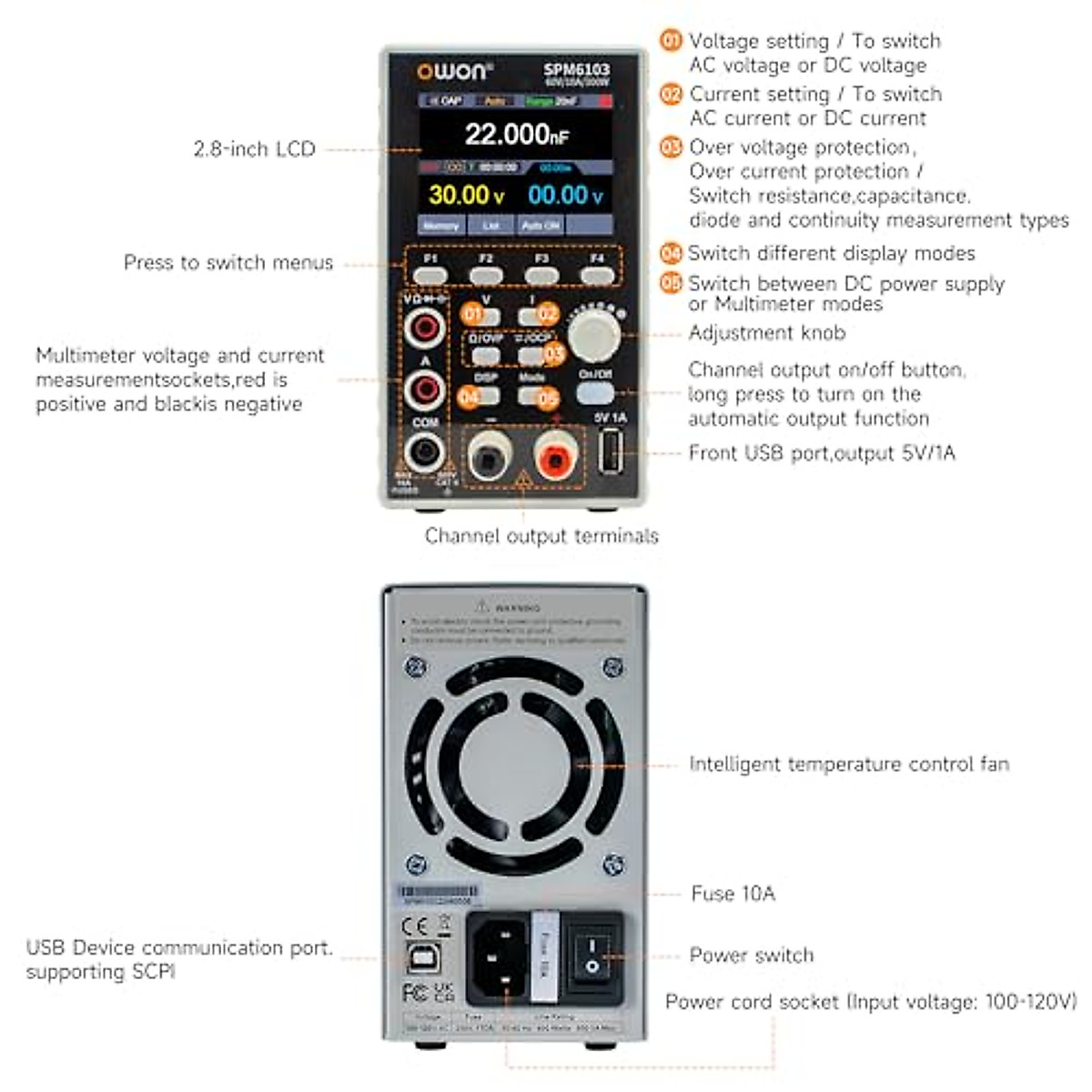 OWON SPM6103 2 in 1 Power Supply & Multimeter(0-60V,0-10A) DC Power Supply Variable, Bench Power Supply, with 2.8 inch High Precision LED, USB Interface Support SCPI, 4 1/2 Digital multimeter