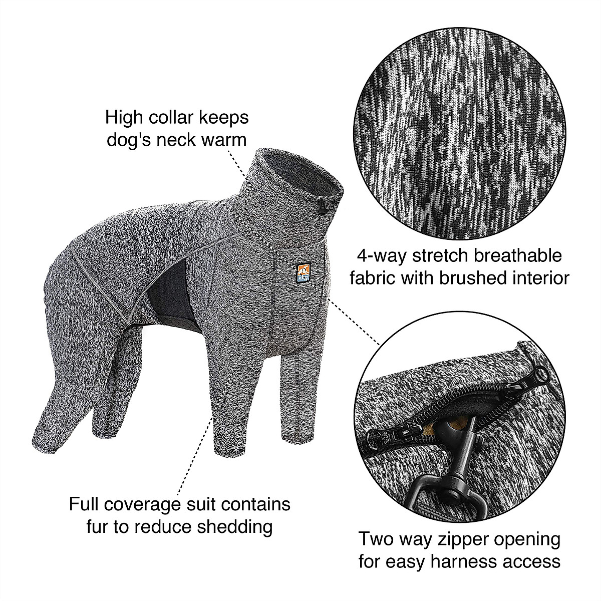 Kurgo Dog Onesie Body Warmer | Bodysuit for Dogs | Recovery Suit | Pet Pajamas | Reduce Anxiety | Contains Shedding | Leash Opening | Reflective | Stowe Base Layer | Heather Black/Grey (Small)