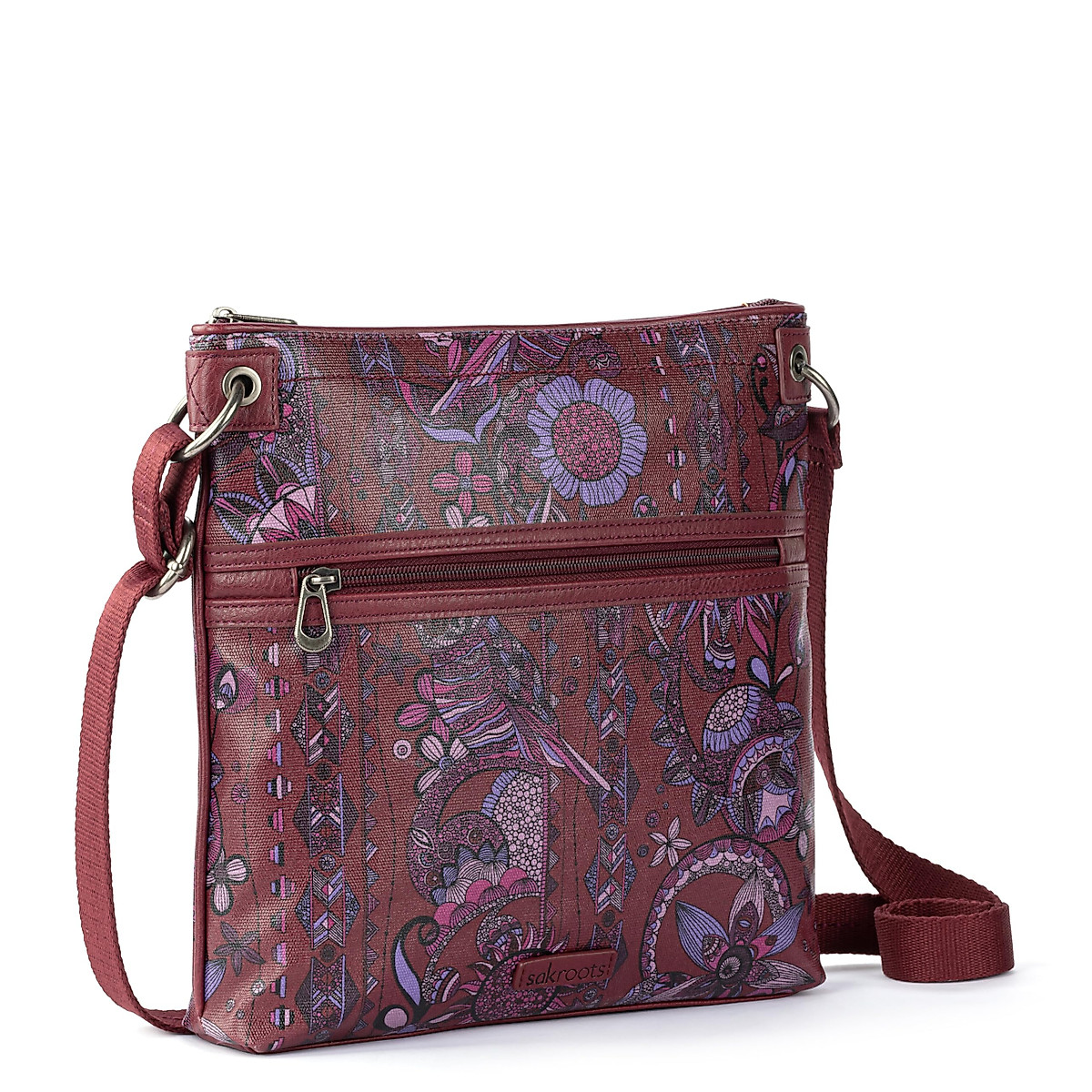 Sakroots Artist Circle Flat Crossbody in Eco Twill, Adjustable Crossbody Strap, Burgundy Spirit Desert