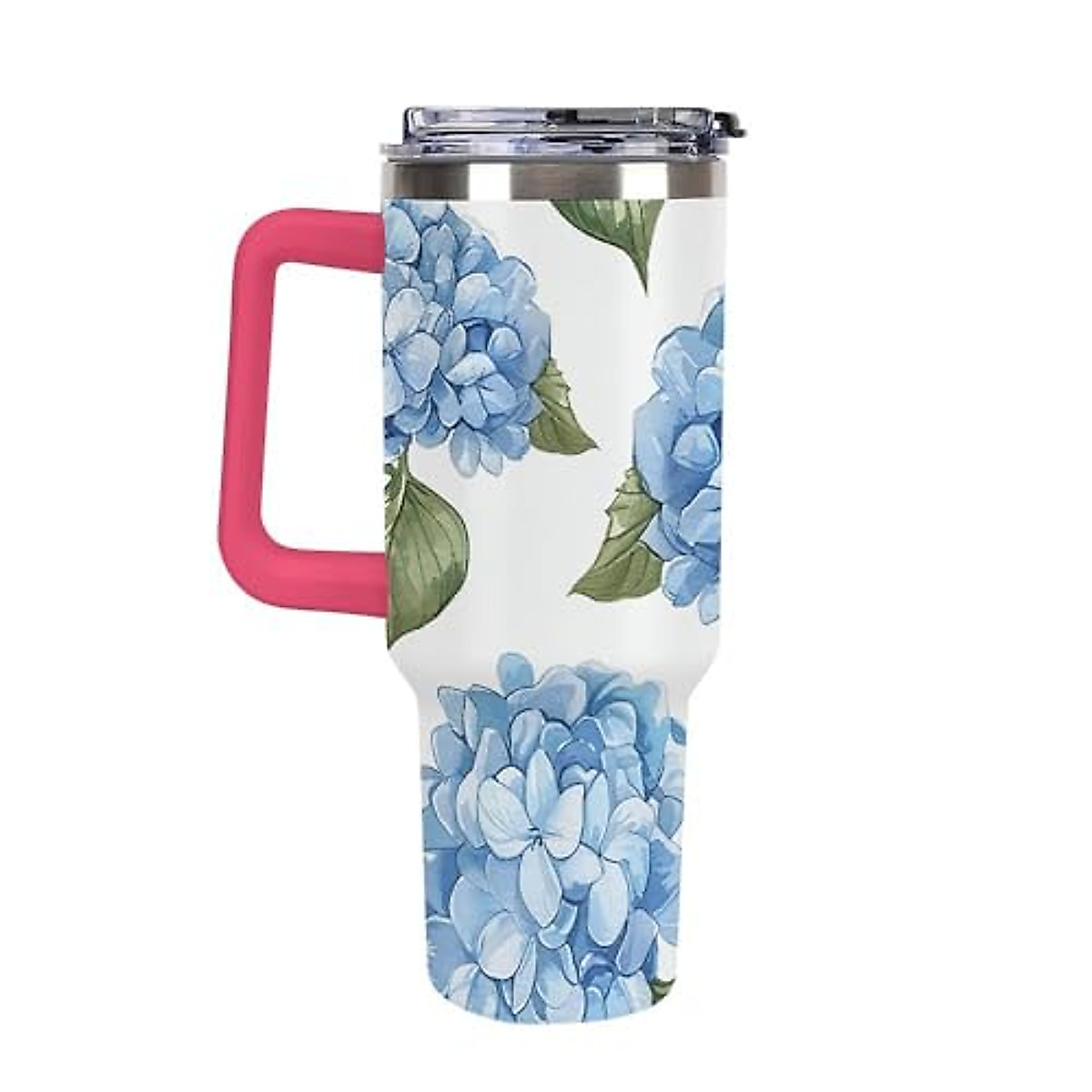 40 Oz Vacuum Tumbler with Light Rose Red Handle Leakproof Insulated Tumbler Blue Hydrangea Pattern Stainless Steel Travel Mug with Lid And Straw Coffee Cup Cute Water Bottles Cup Holder Friendly