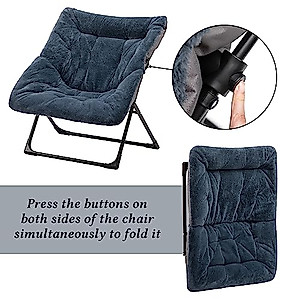HollyHOME X-Large Saucer Chair, Comfy Oversized Folding Chair, Faux-Fur Reading Chair for Teens, Adults, Foldable Accent Lazy Chair, Metal Frame Lounge Chair for Living Room, Bedroom, Dorm, Navy Blue