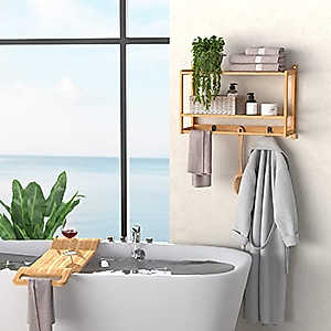 ClosetMaid Bamboo Wall Shelf with Towel Bar, 3 Hooks, Wall Mount Storage Shelves, 2 Tier, Organizer Rack, Natural Finish